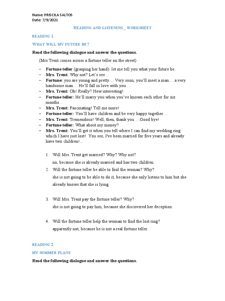 Reading and Listening Worksheet - Future | PDF