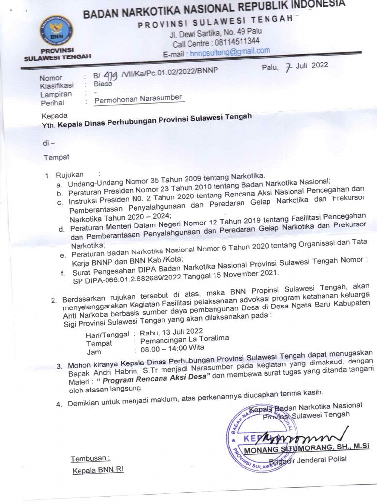Badan Narkotika Nasional RI Permohonan Narasumber | PDF