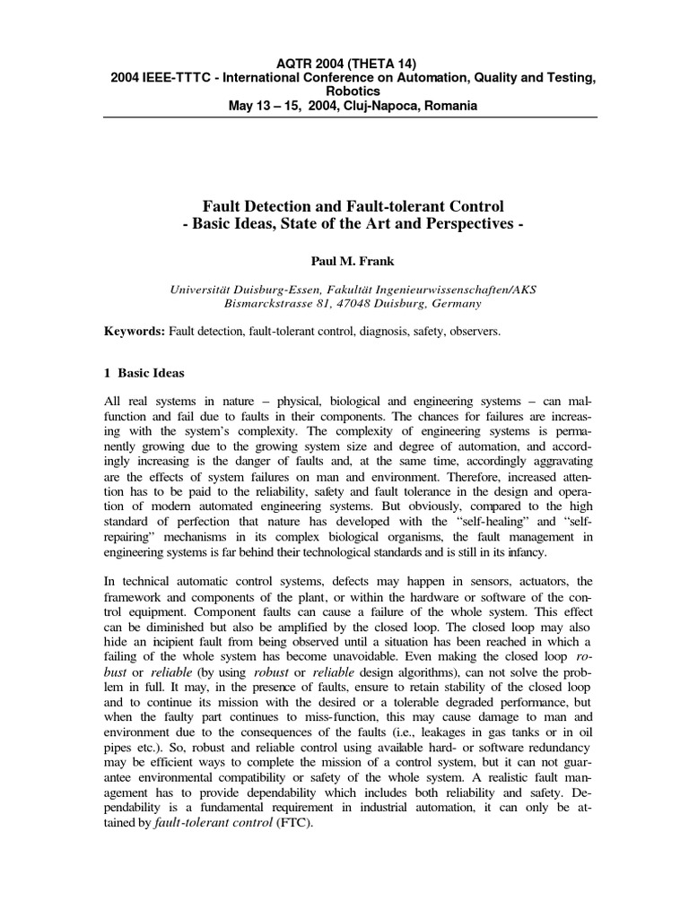 Paul M. Frank - Fault Detection and Fault-Tolerant Control | PDF | Fault Tolerance | Automation