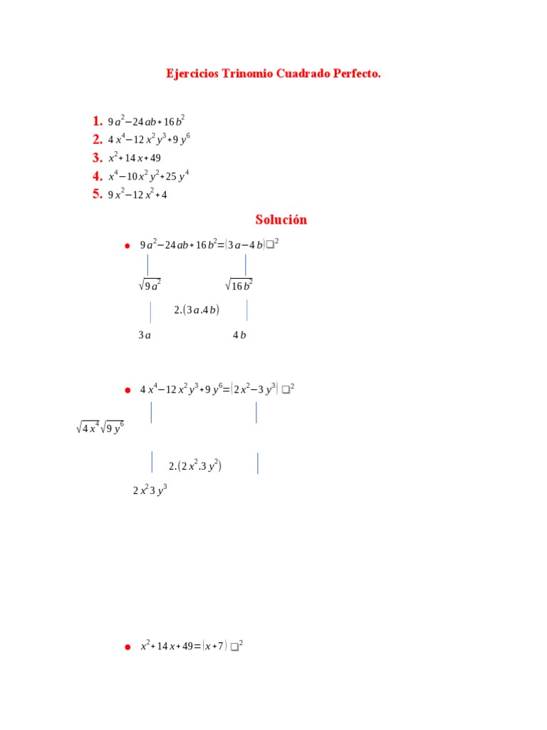 Ejercicios Trinomio Cuadrado Perfecto | PDF