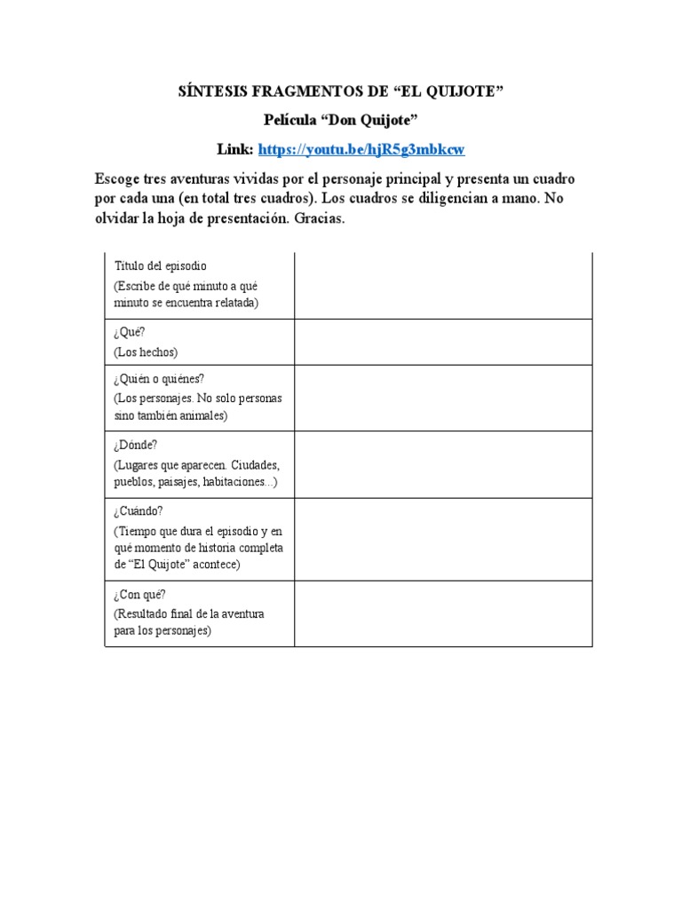 Ficha Sintesis Don Quijote de La Mancha | PDF