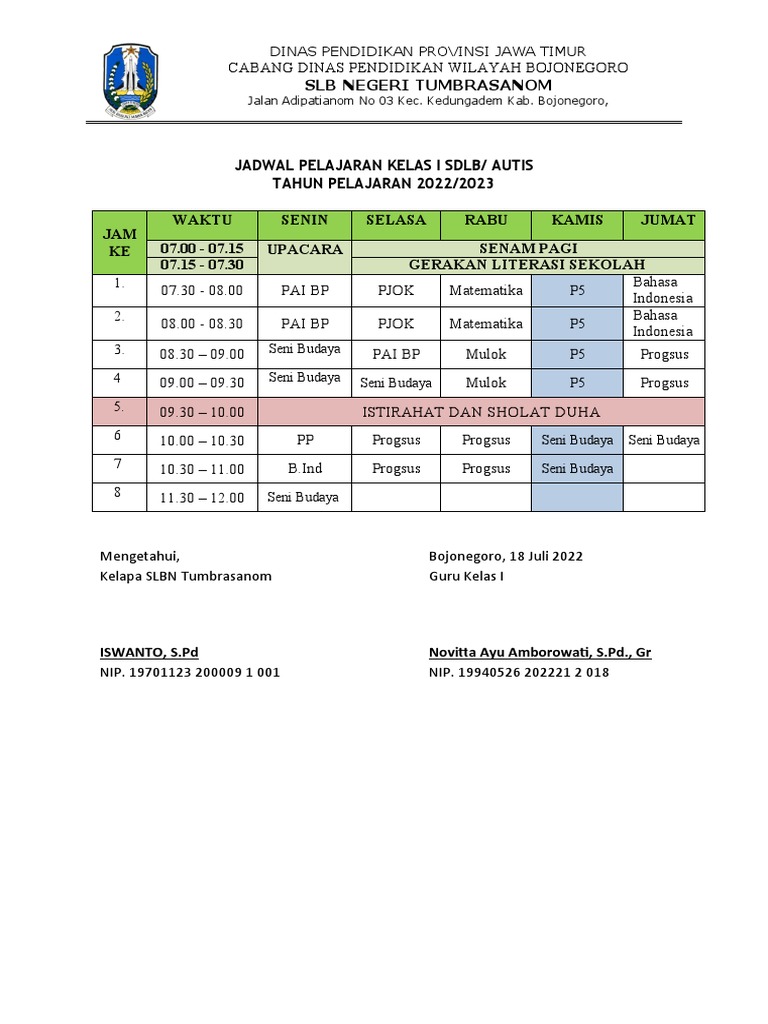 Jadwal Pelajaran Kelas I SDLB 2022/2023 | PDF
