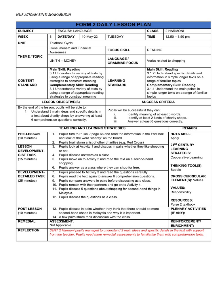 10.5.22 Tuesday English Lesson Plan Form 1 Form 2 | PDF | Reading ...