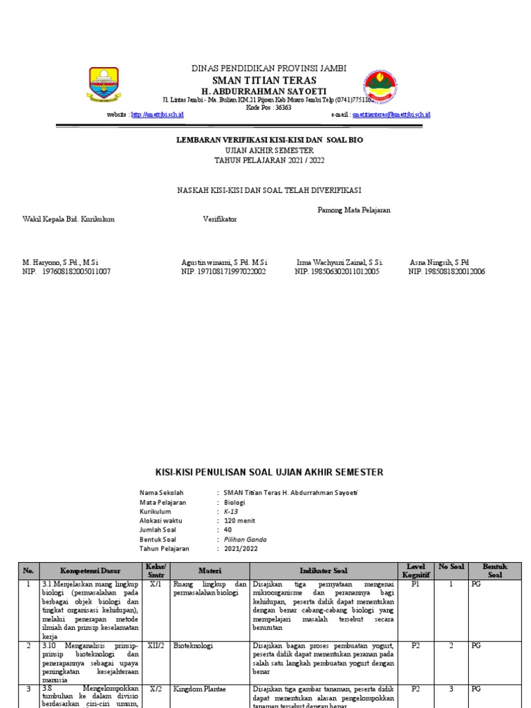 Kisi-Kisi USP BIO XII SMANTT 2021-2022 | PDF