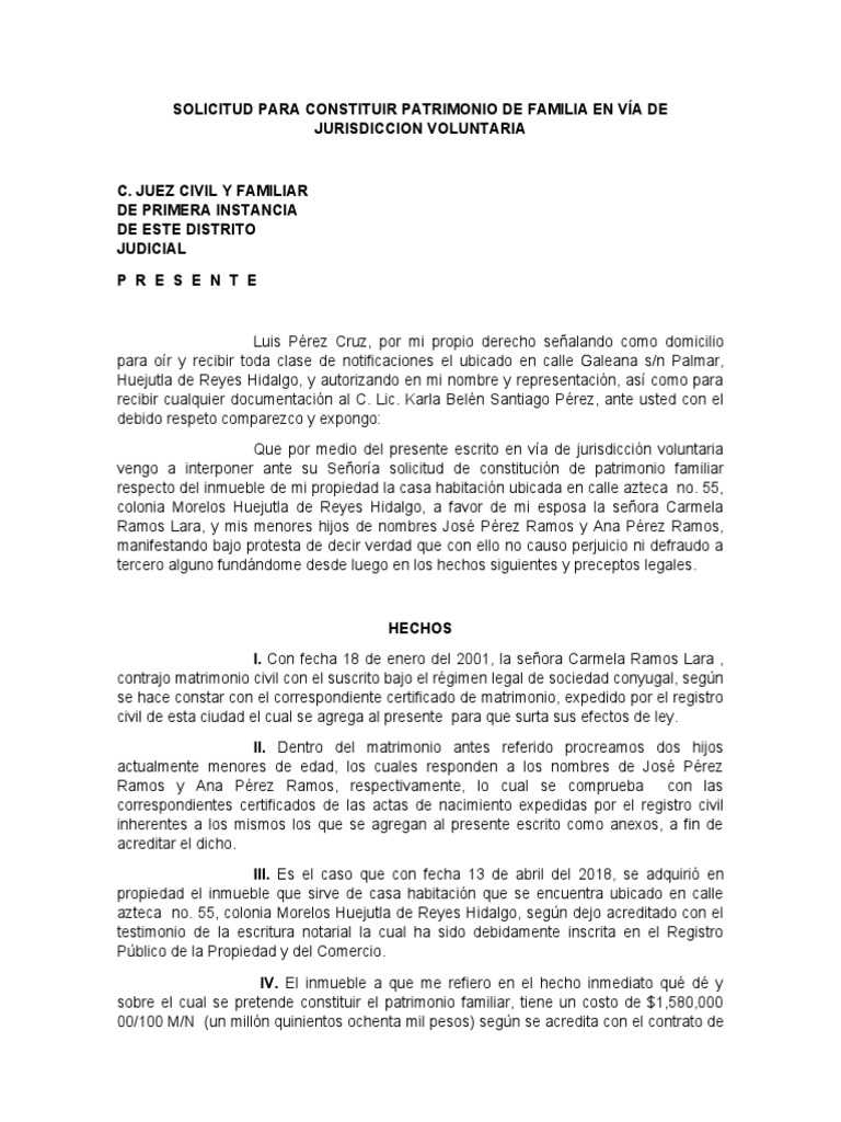 Solicitud de Constitución de Patrimonio Familiar | PDF | Propiedad ...