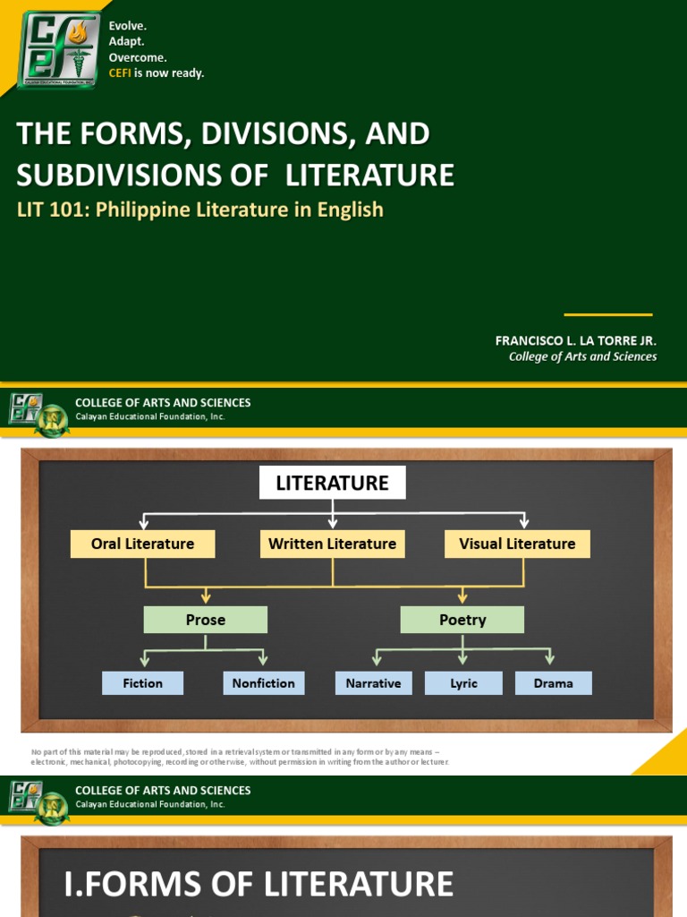 LIT 101 Week 1 The Forms Divisions and Subdivisions of Literature ...