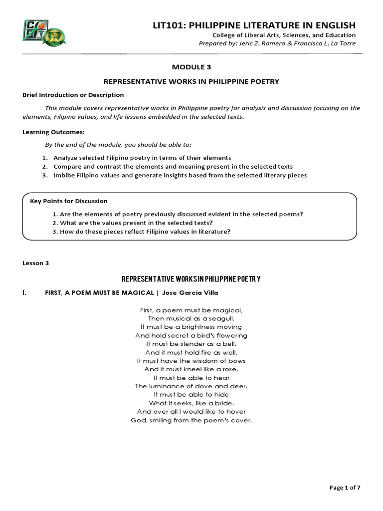 Representative Works in Philippine Poetry: An Analysis of Poems Reflecting Filipino Values | PDF
