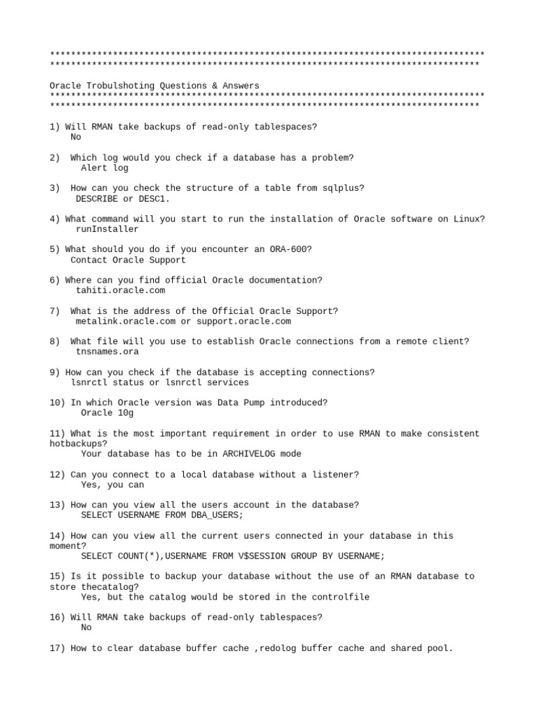 7 Oracle Trobulshoting Questions Answers 1 | PDF | Backup | Databases