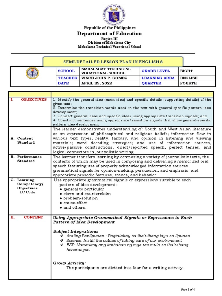 Lesson Plan English 8 Demo | Download Free PDF | English Language | Idea