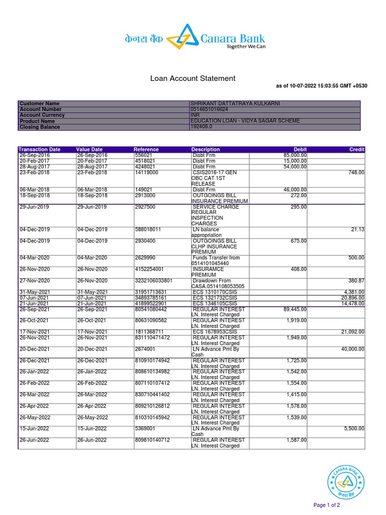 Loan Account Statement: As of 10-07-2022 15:03:55 GMT +0530 | PDF ...