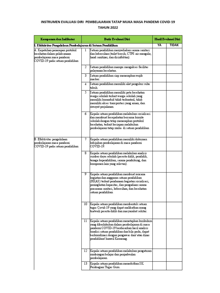 Instrumen Evaluasi Diri PTM Agustus | PDF