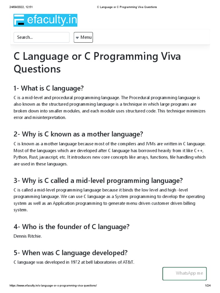 C Language Or C Programming Viva Questions Pdf Pointer Computer Programming Variable 