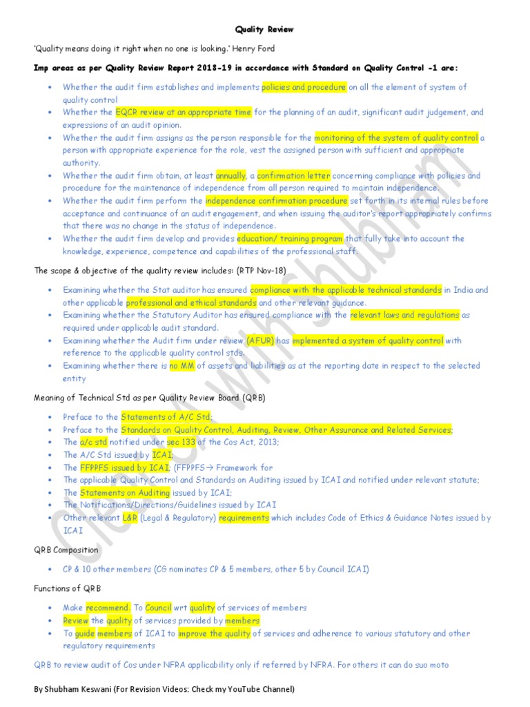 NOTES - Quality Review | PDF | Audit | Regulatory Compliance