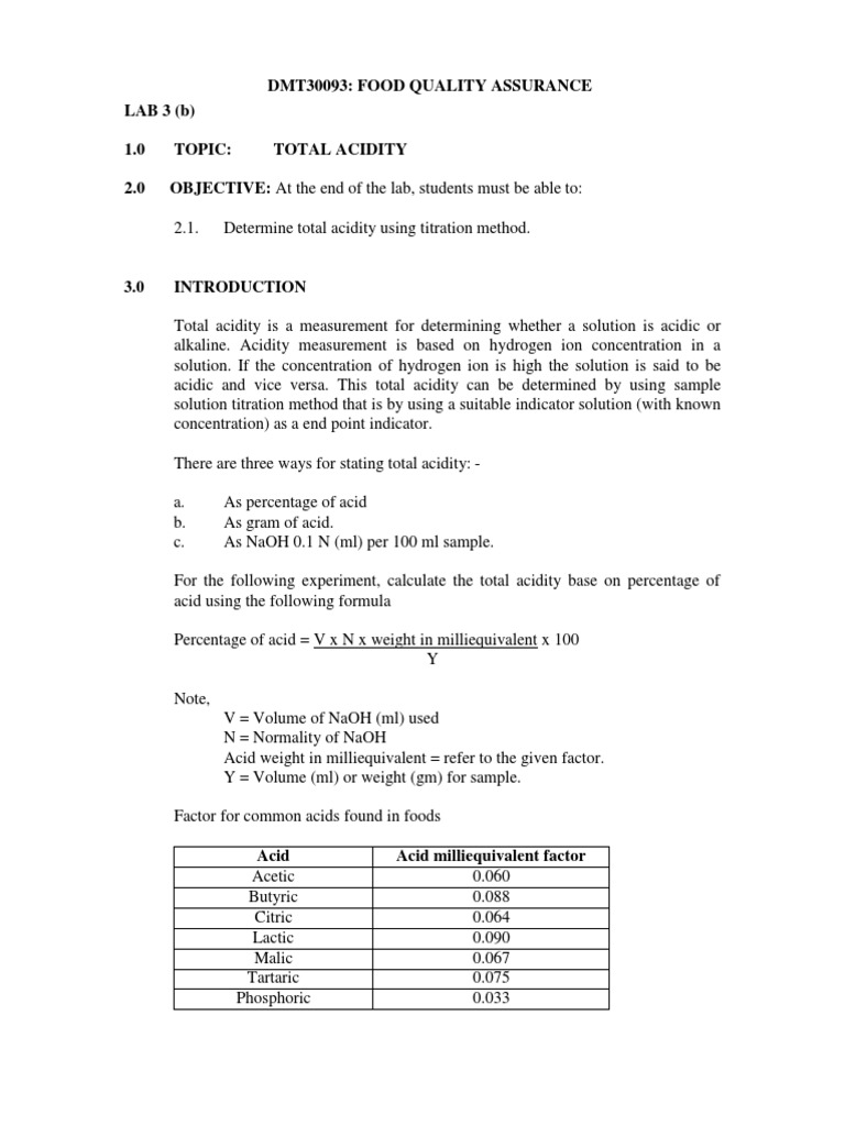 LAB 4 (Total Acidity) (DMT30093) | PDF | Ph | Titration