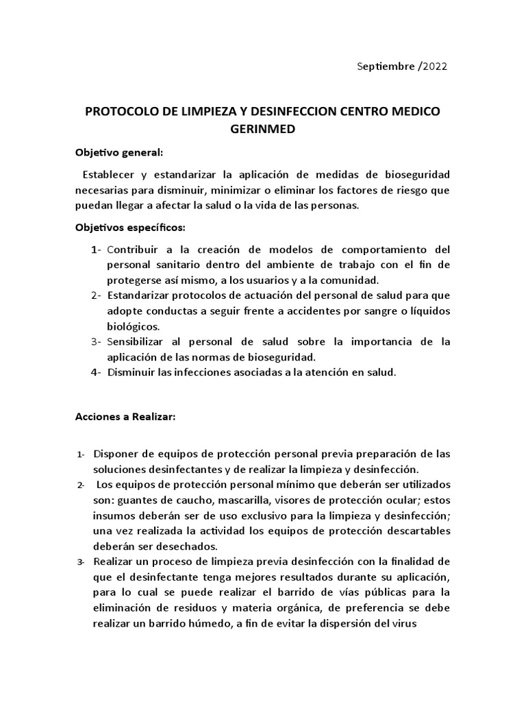 Protocolo de Limpieza y Desinfeccion Centro Medico Gerinmed | PDF | Agua | Comportamiento