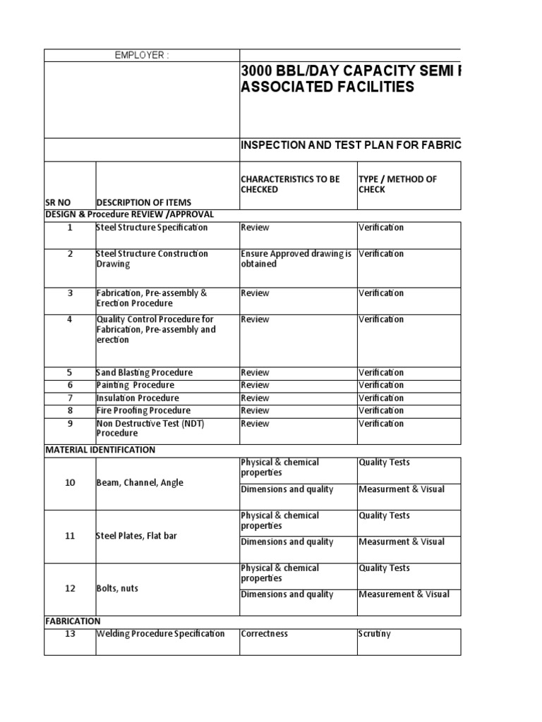 Itp For Structural Steel Work 4 PDF Free | PDF | Nondestructive Testing ...