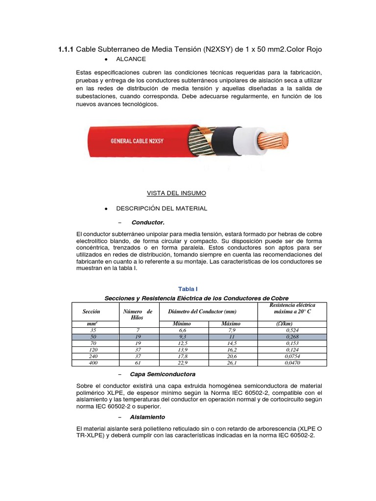 Cable Subterráneo N2XSY 50 mm2 | PDF | Cobre | Aislador (Electricidad)