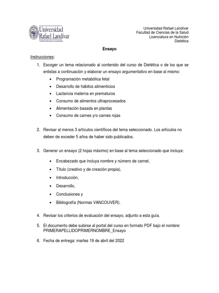Ensayo (Instrucciones y Rúbrica de Evaluación) | PDF | Ensayos ...