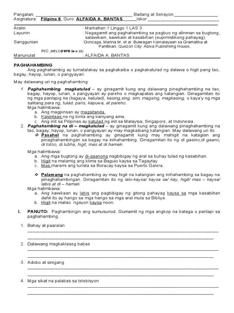 Learning Activity Sheet Grade 8 Filipino | PDF