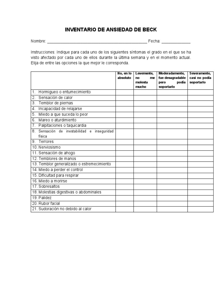 Inventario de Ansiedad de Beck | PDF | Medicina CLINICA | Enfermedades ...