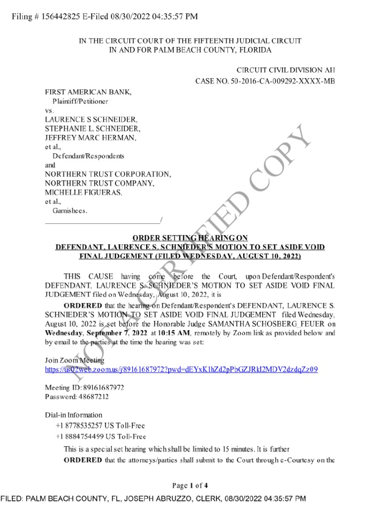 1061 156442825 Order Setting Hearing On Defendant Laurence's Motion To Set Aside Void Final ...