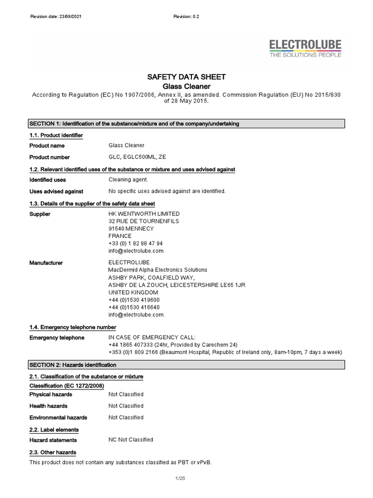 Safety Data Sheet Glass Cleaner | Download Free PDF | Toxicity ...