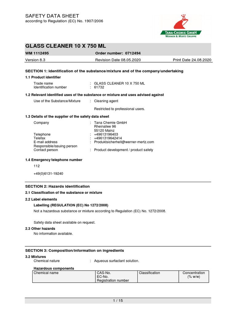 Glass Cleaner Safety Data Sheet | PDF | Dangerous Goods | Toxicity