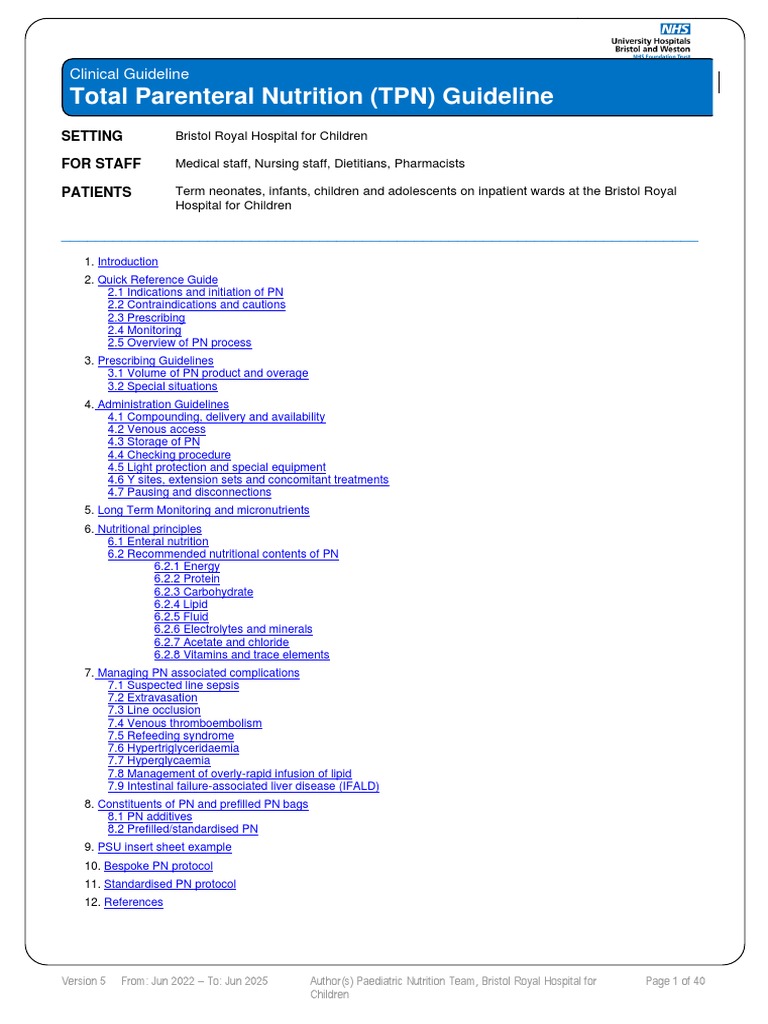 Total Parenteral Nutrition Guideline-5 | PDF | Health Sciences | Health ...