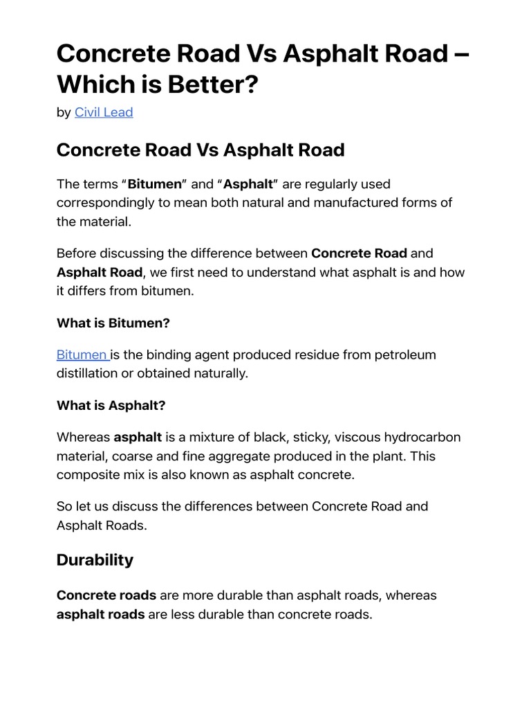 Concrete vs Asphalt Roads: Key Differences | PDF | Asphalt | Road Surface