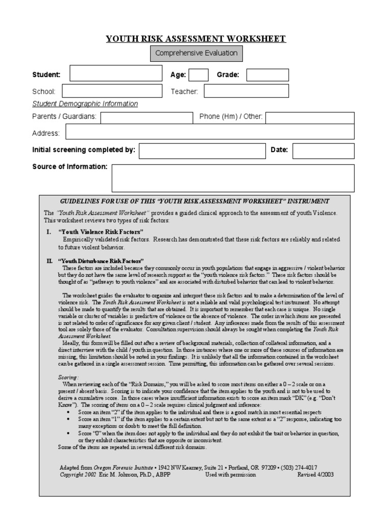 Youth Risk Assessment Worksheet-Comp. Eval-Fillable-1 | PDF | Violence ...