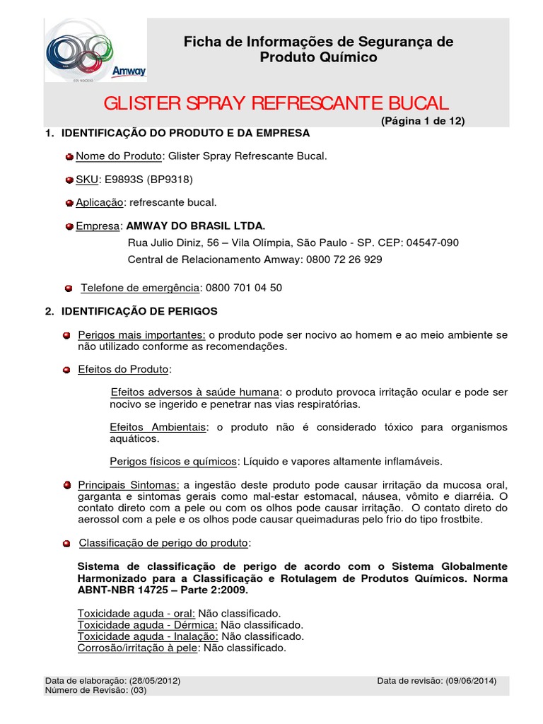 FISPQ Glister Spray Refrescante Bucal | PDF | Embalagem e rotulagem ...
