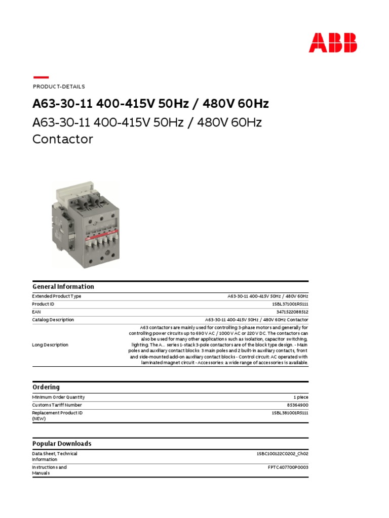 1SBL371001R5111 A63 30 11 400 415v 50hz 480v 60hz | PDF | Electronics | Electromagnetism