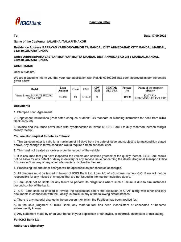 Sanction Letter Cust | PDF | Banks | Cheque