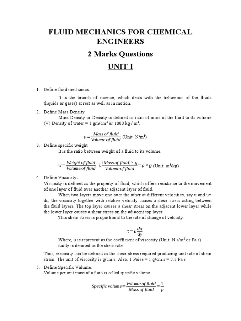 FLUID MECHANICS 2 Marks Question | PDF | Viscosity | Fluid Mechanics