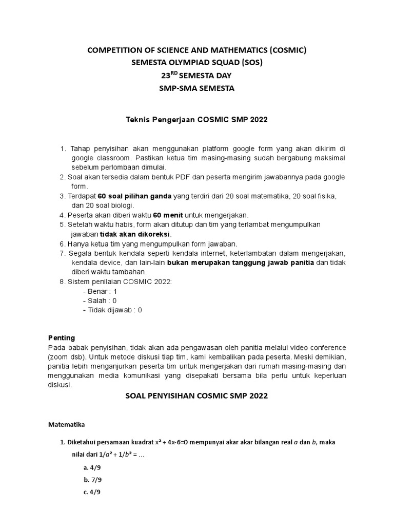 Soal Penyisihan Cosmic SMP 2022 | PDF