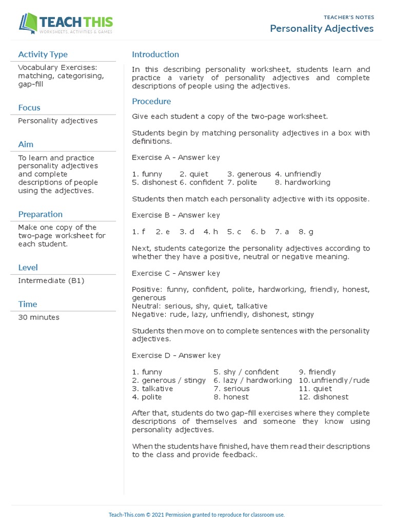 Personality Adjectives Worksheet | PDF