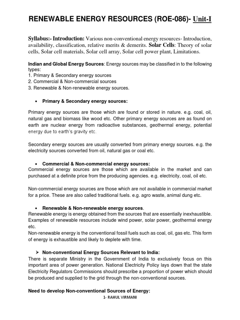 Renewable Energy Resources-UNIT-1 | PDF | Energy Development | Solar Power