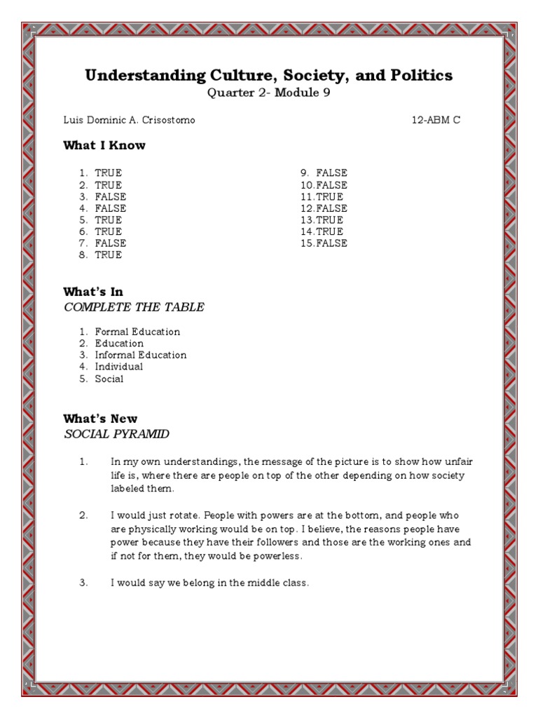 Crisostomo - Luis Dominic - Form Q2 Module 9 UCSP | PDF | Social Stratification | Society