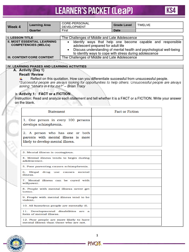PERDEV LEAP Week 5 1st Quarter | PDF | Adolescence | Mental Disorder