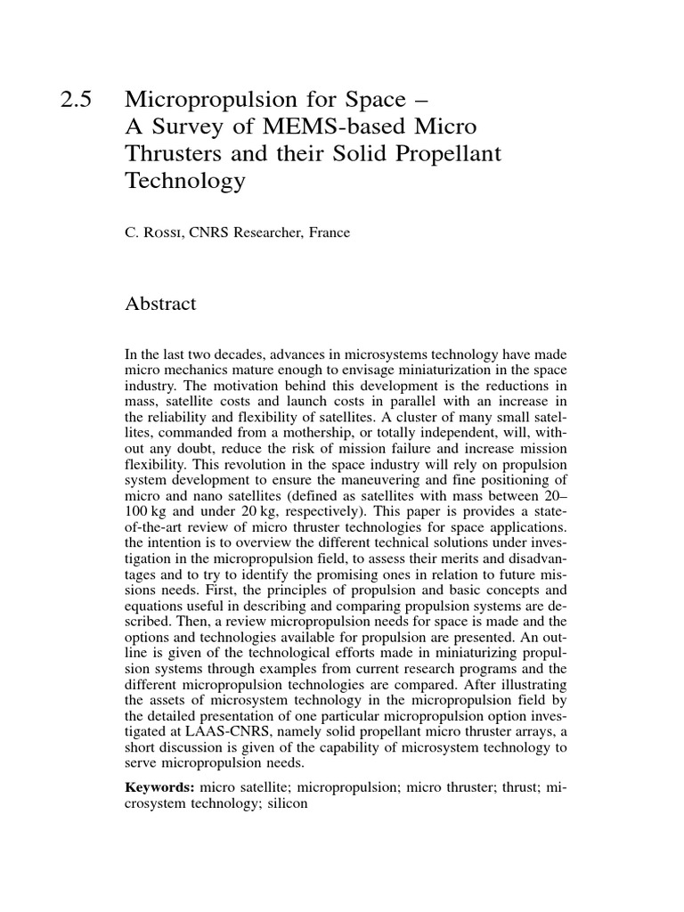 Micropropulsion For Space - A Survey of MEMS-based Micro Thrusters and Their Solid Propellant ...