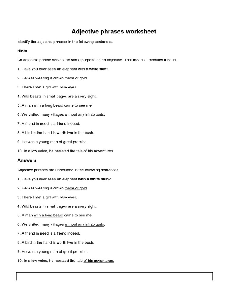 Adjective Phrases Worksheet with Answers | PDF | Language Arts & Discipline