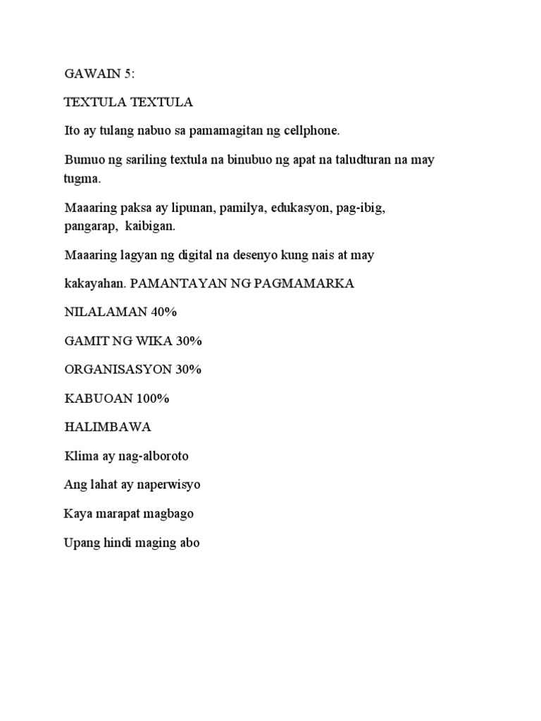Komunikasyon Gawain 5 Textula | PDF