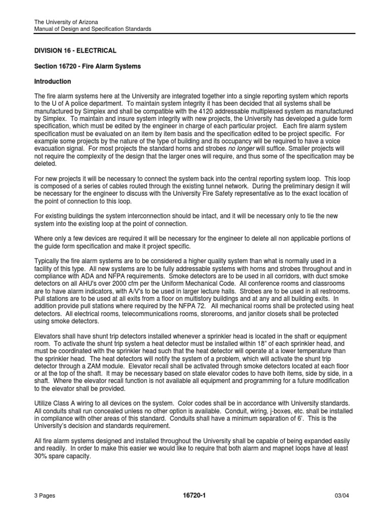 Division 16 - Electrical Section 16720 - Fire Alarm Systems | PDF | Fire Sprinkler System ...