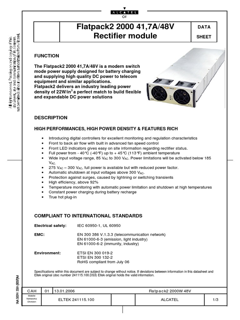 Datasheet Flatpack 2 2000 Rectifier | PDF | Rectifier | Power Supply