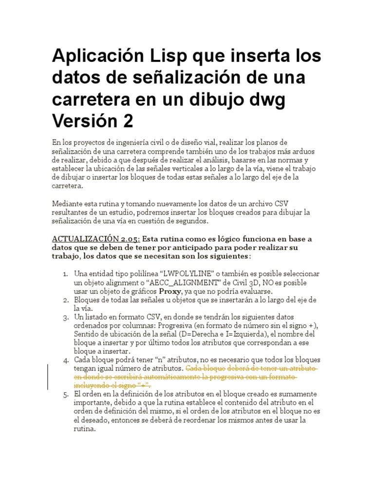 Aplicación Lisp Que Inserta Los Datos de Señalización de Una Carretera en Un Dibujo DWG Versión ...