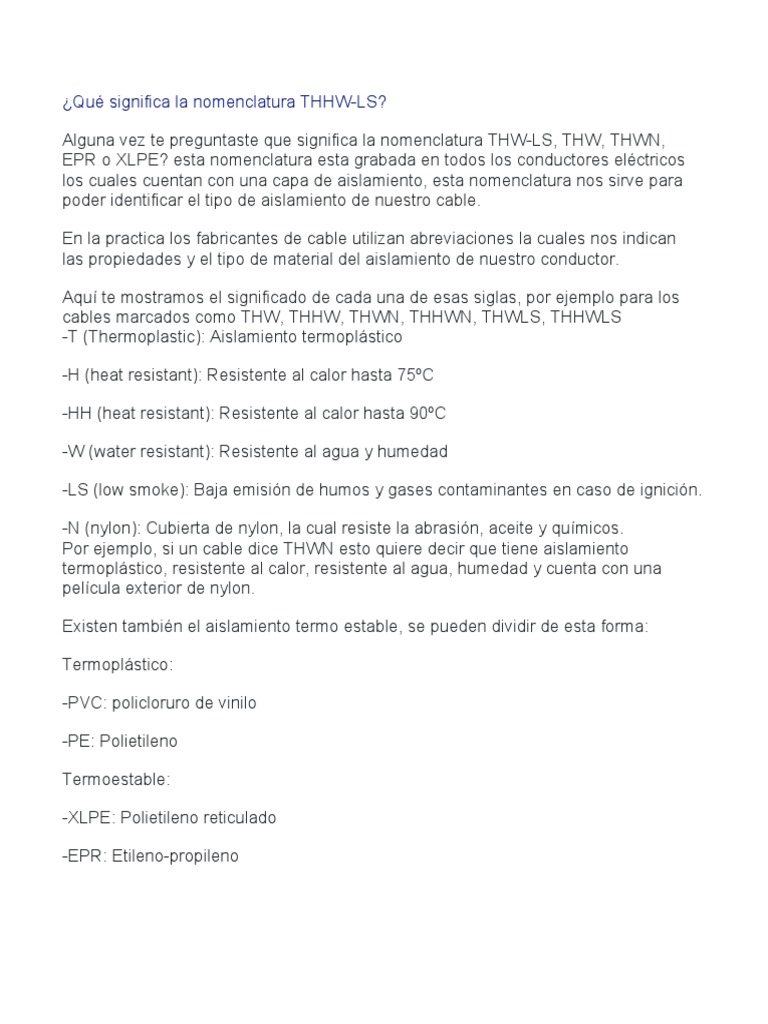 Qué Significa La Nomenclatura THHW en Cables Electricos | PDF