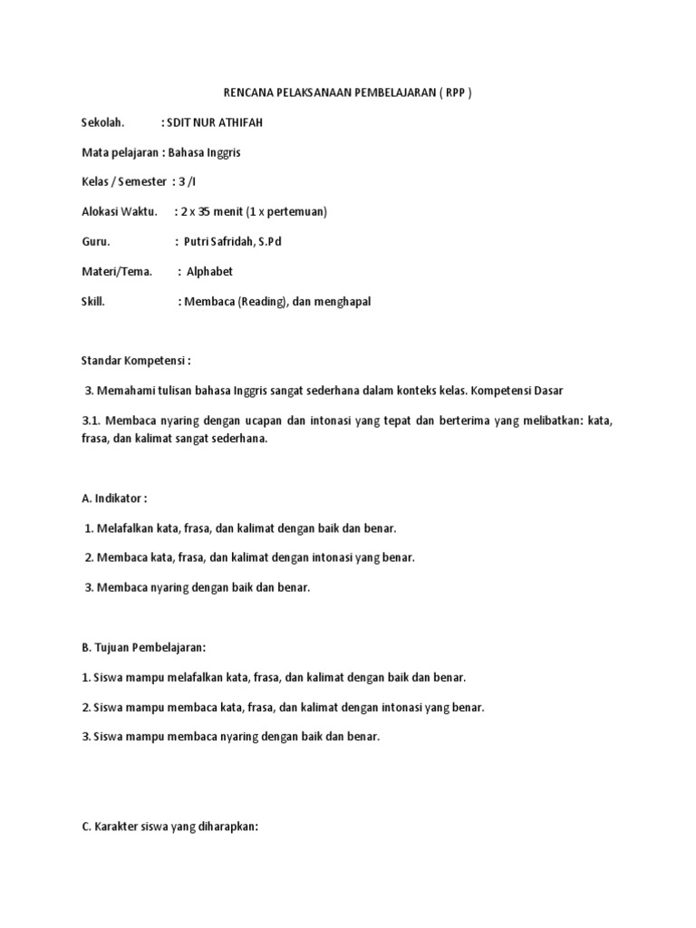 RPP Kelas 3 SD Tema Alphabet | PDF