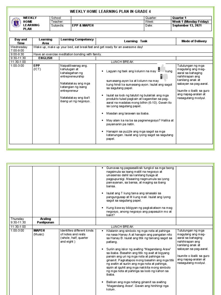 Weekly Home Learning Plan in Grade 4 Q1 W1 | PDF