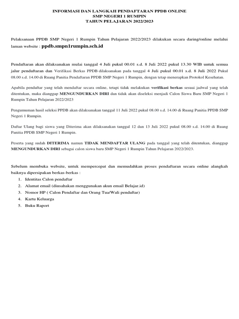 Informasi Dan Tata Cara PPDB Online SMPN 1 Rumpin | PDF
