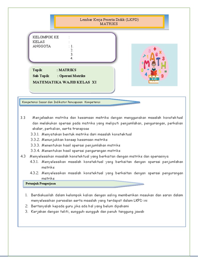 Lembar Kerja Matriks Kelas XI | PDF